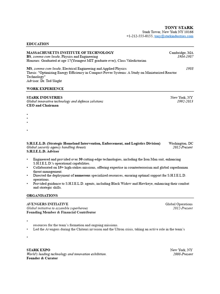 English Assignment-CV - Tony Stark | PDF | Military