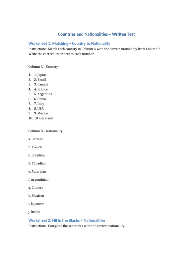 Countries and Nationalities Written Test | PDF