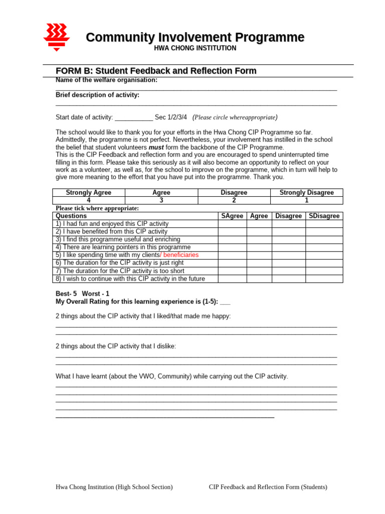 FORM B - Student CIP Feedback Form | PDF
