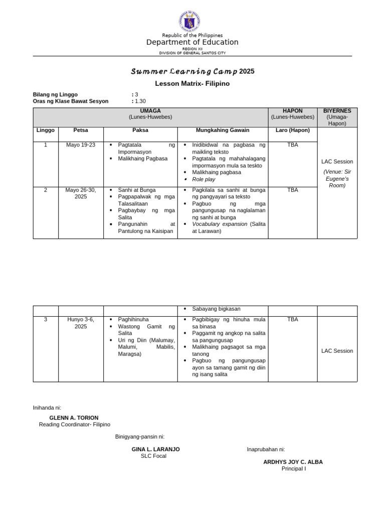SLC Lesson Matrix Filipino | PDF