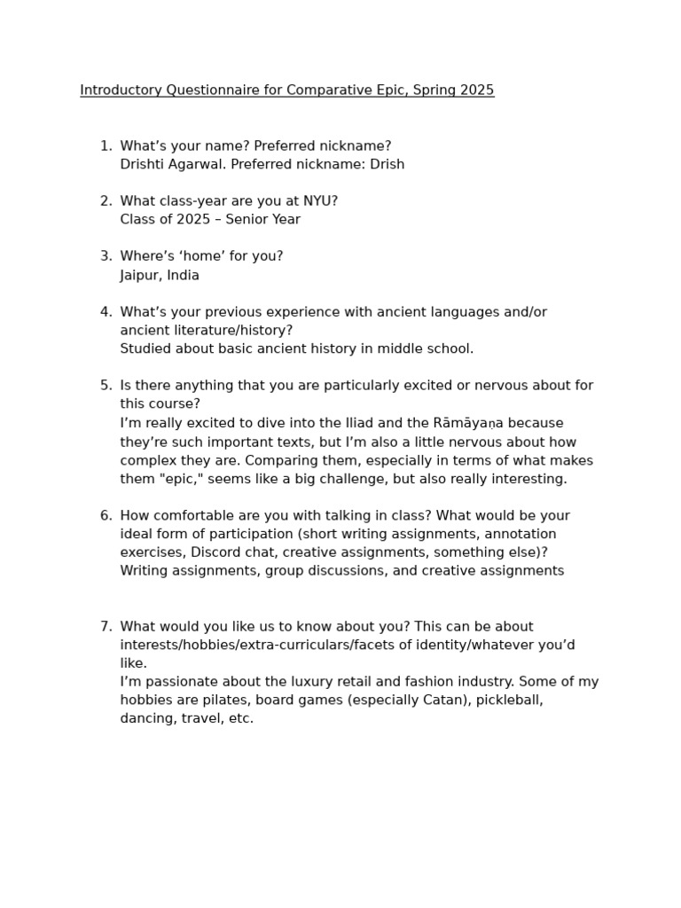 Drishti Agarwal - Intro Questionnaire For Comparative Epic | PDF