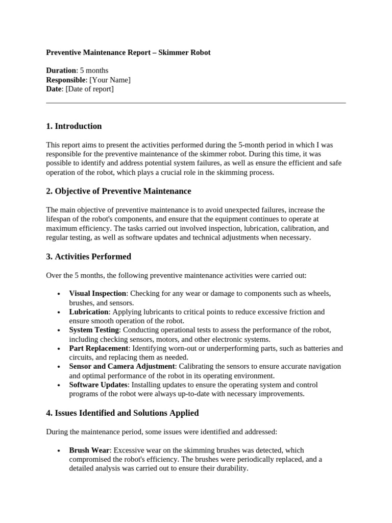 Skimmer Robot Preventive Maintenance Report | PDF