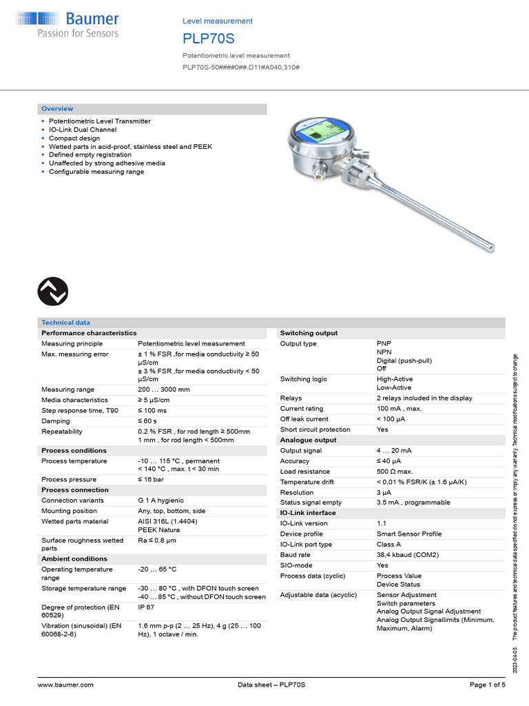 Baumer PLP70S EN 20230405 DS | PDF | Electrical Engineering | Computer Engineering