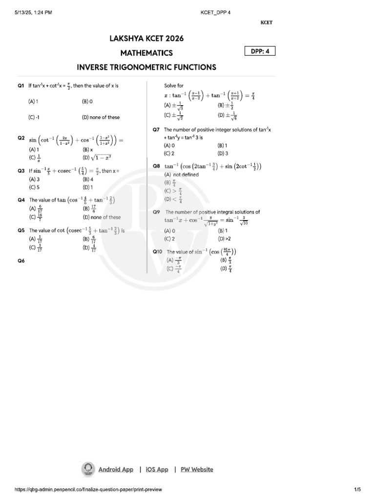682306f6745a9f355e6e2ccd_##_Inverse Trigonometric Functions _ Dpp 04 __ Lakshya KCET 2026 | PDF