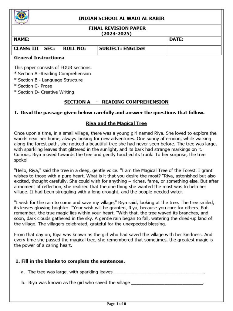 6777150-Class 3 Final Exam Revision Paper (2024-'25) | PDF | Linguistics