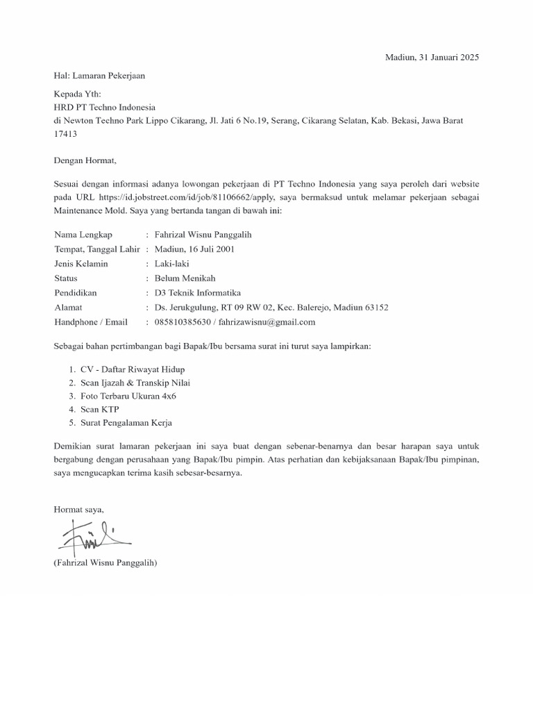 Surat Lamaran PT Techno Indonesia | PDF