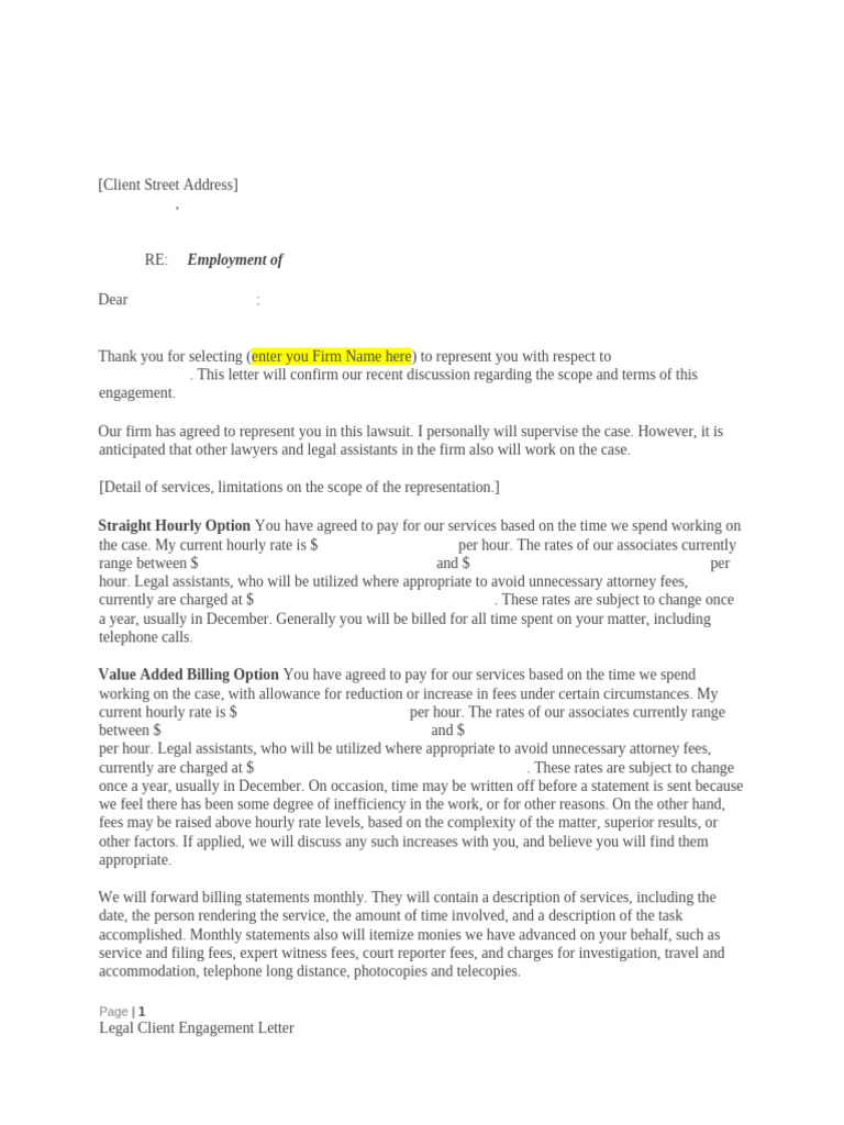 FINAL Client Engagement Letter | PDF | Fee | Attorney's Fee