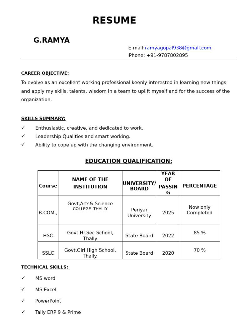 G.ramya Resume | PDF