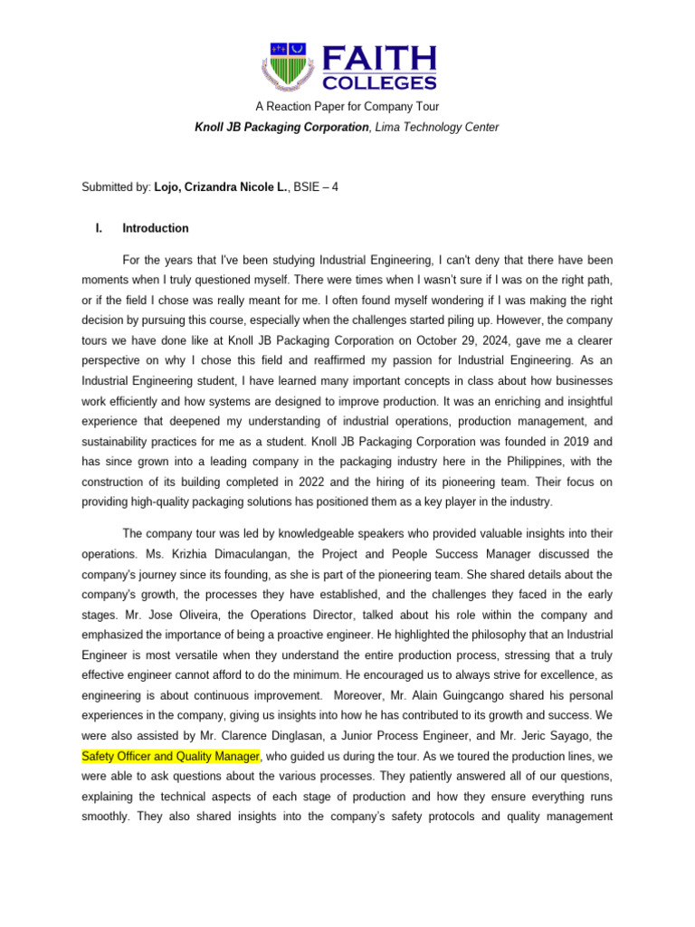 Reflection Paper | PDF | Industrial Engineering | Enterprise Resource ...