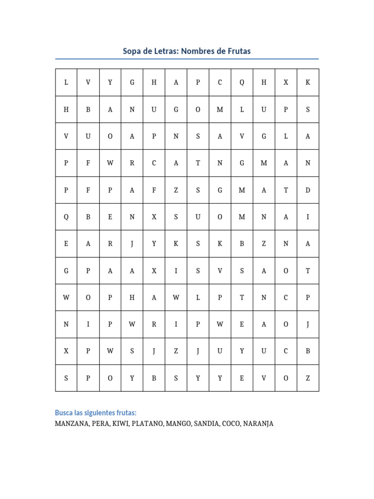 Sopa de Letras: Nombres de Frutas | PDF