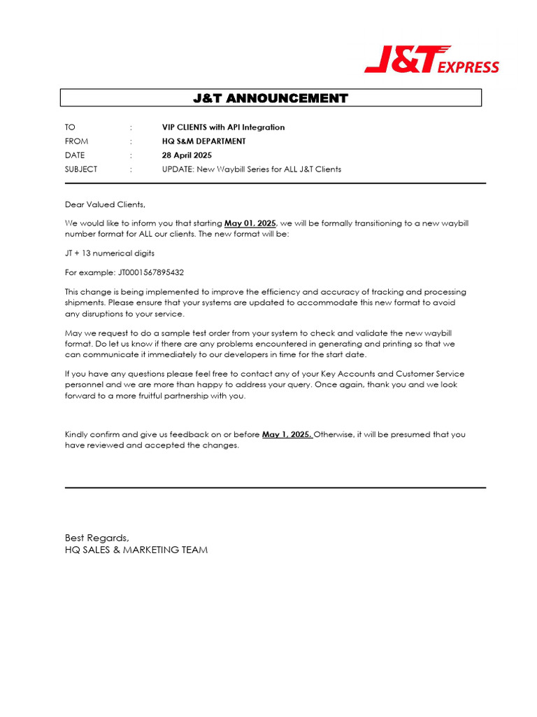 J&T Announcement-New Waybill Series For All Clients | PDF