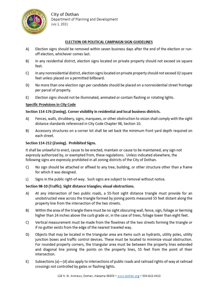 Dothan Election Sign Guidelines | PDF | Zoning | Transport Infrastructure