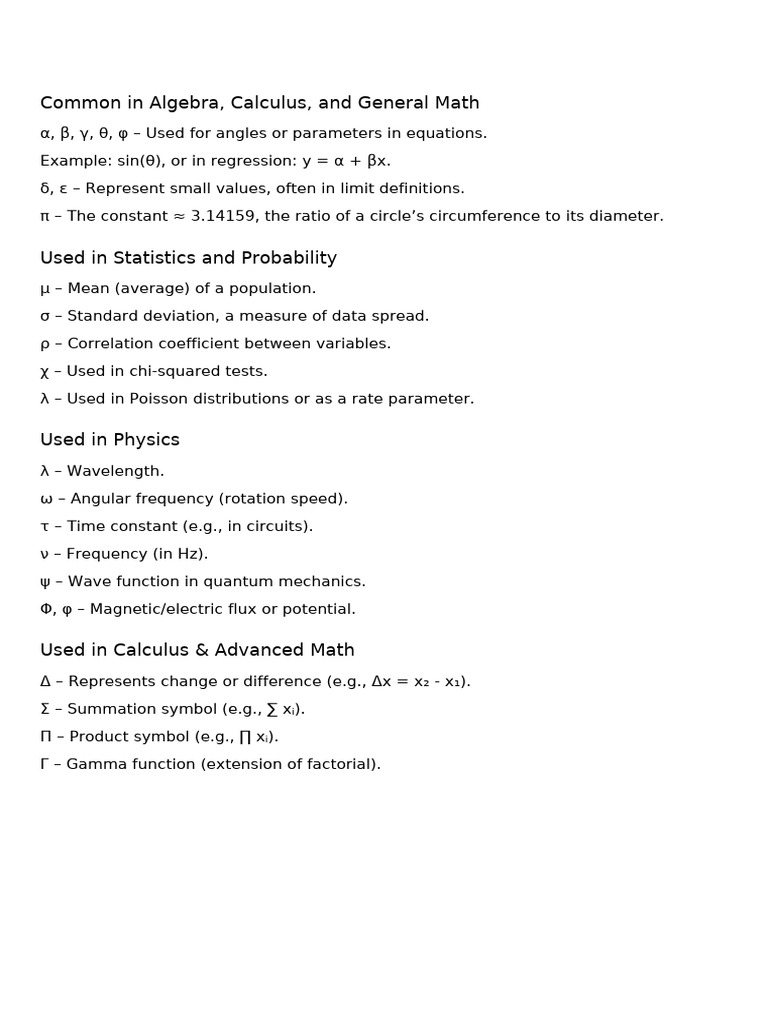 Greek Letters Math Summary | PDF