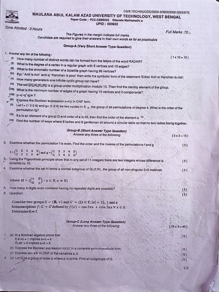 Discrete Mathematics - 3rd Sem | PDF | Group (Mathematics) | Vertex ...