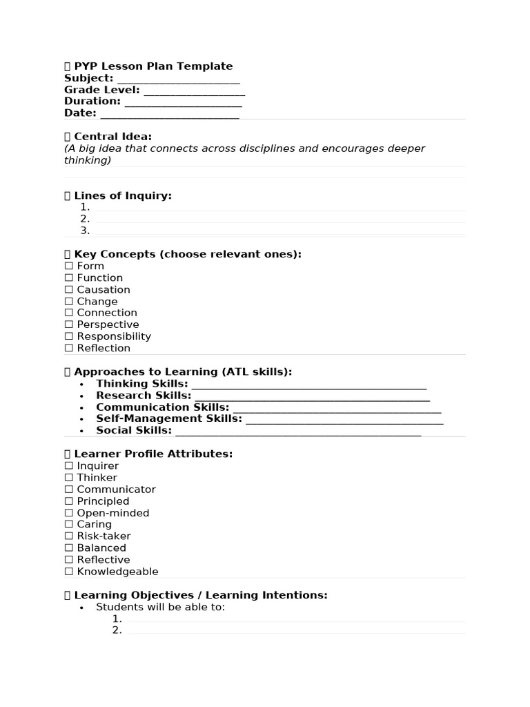 ? PYP Lesson Plan Template | PDF