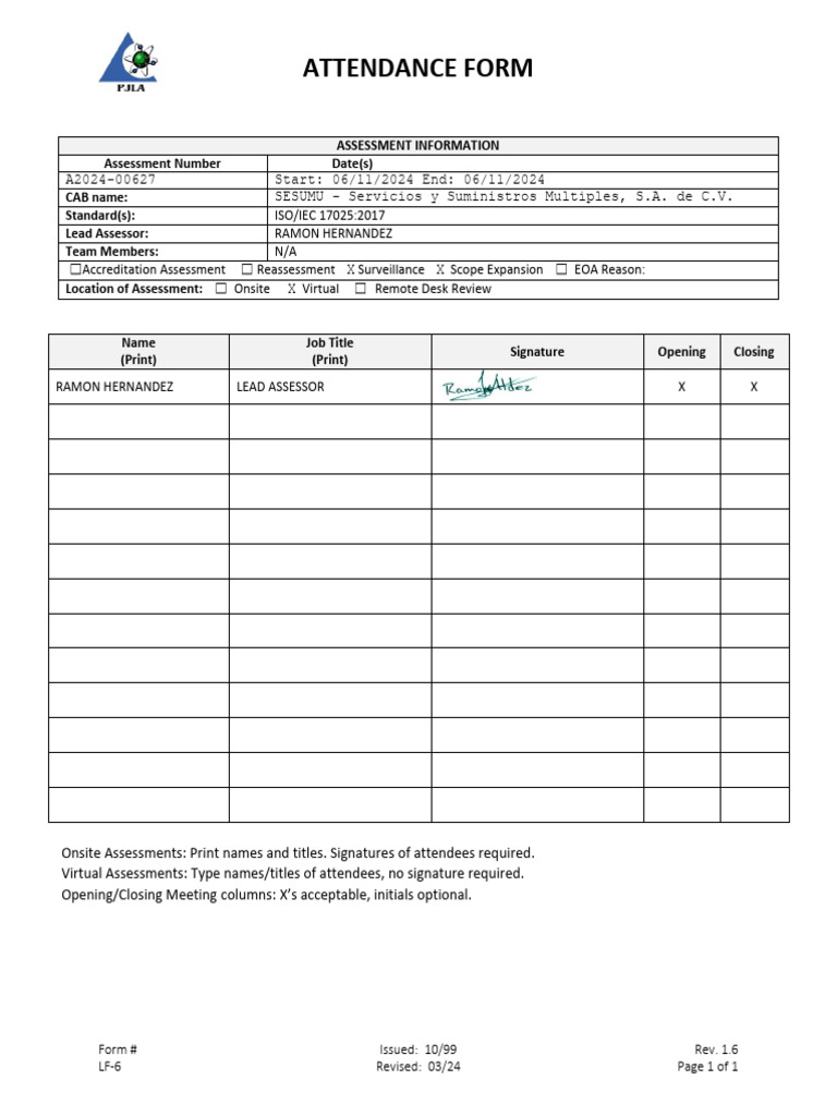 LF-006-Attendance Form Rev 1.6 | PDF