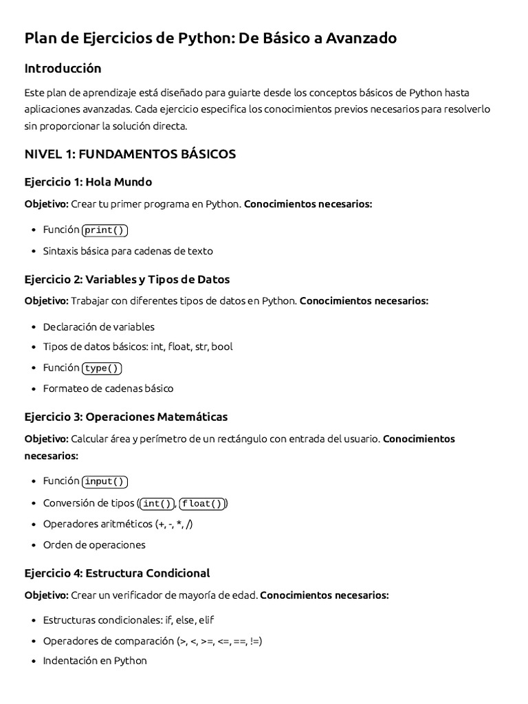 Plan de Ejercicios de Python_ de Básico a Avanzado | PDF | Python (lenguaje de programación ...