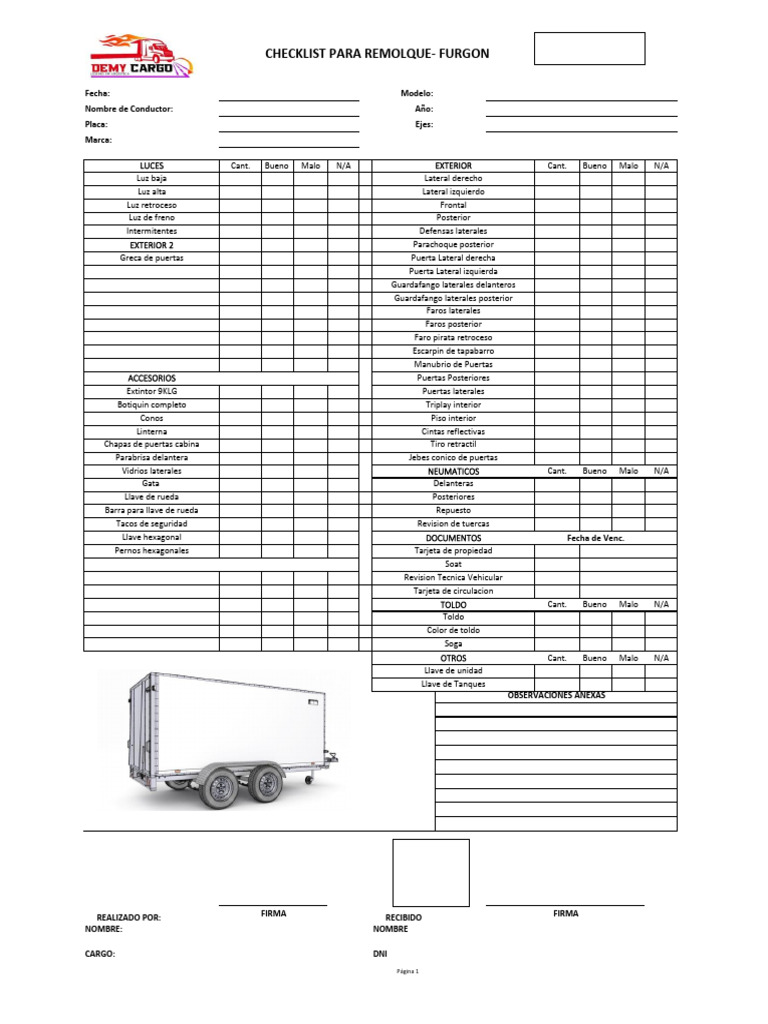 Oper Demy Check List de Remolque Furgon | PDF | Vehículos terrestres ...