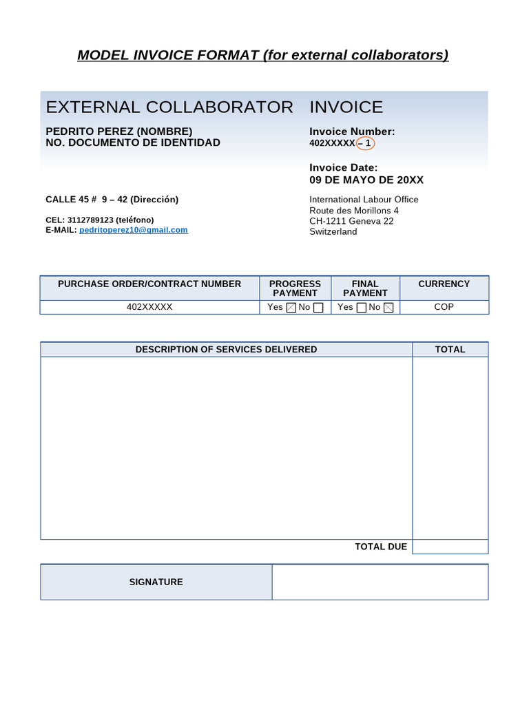 Modelo - Sample invoice for external collaborator | PDF