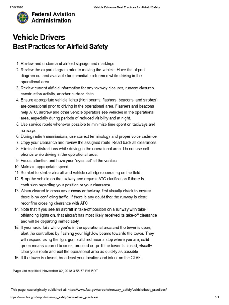 FAA - Vehicle Drivers Best Practices For Airfield Safety | PDF | Air ...