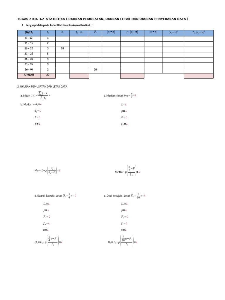 Tugas KD 3.2 Ukuran Pemusatan, Letak Dan Penyebaran Data | PDF
