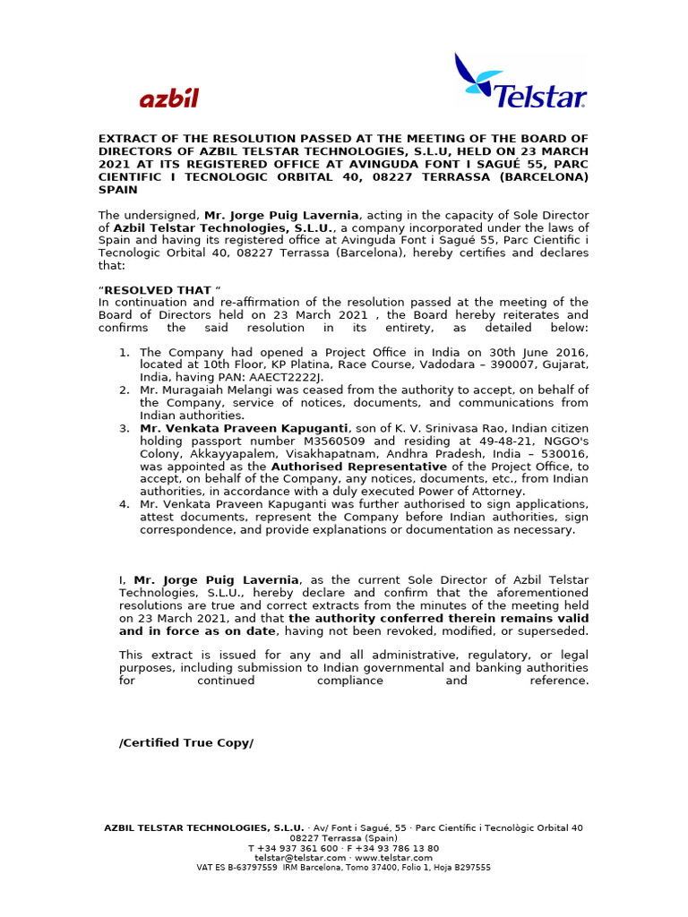 Updated Extract From The Minutes of The Meeting of The Board of ...