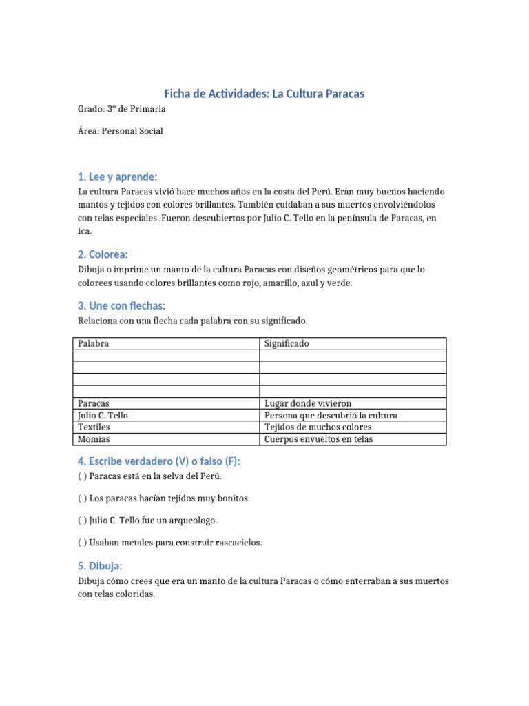 Ficha Actividades Cultura Paracas | PDF