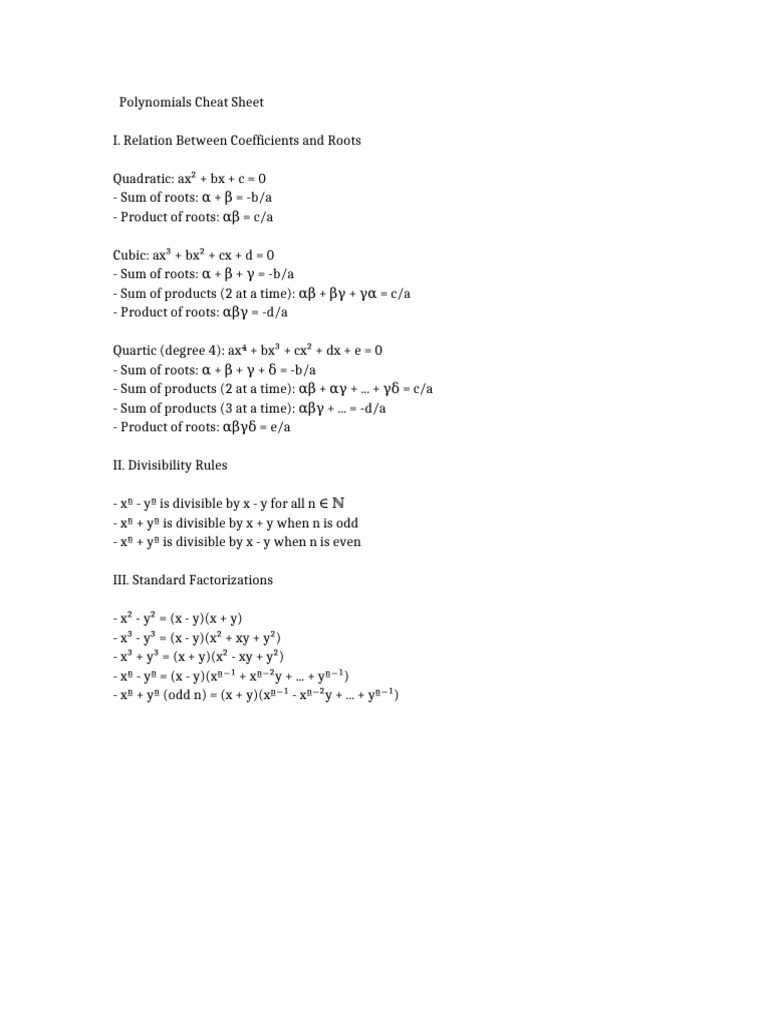 Polynomials Cheat Sheet | PDF