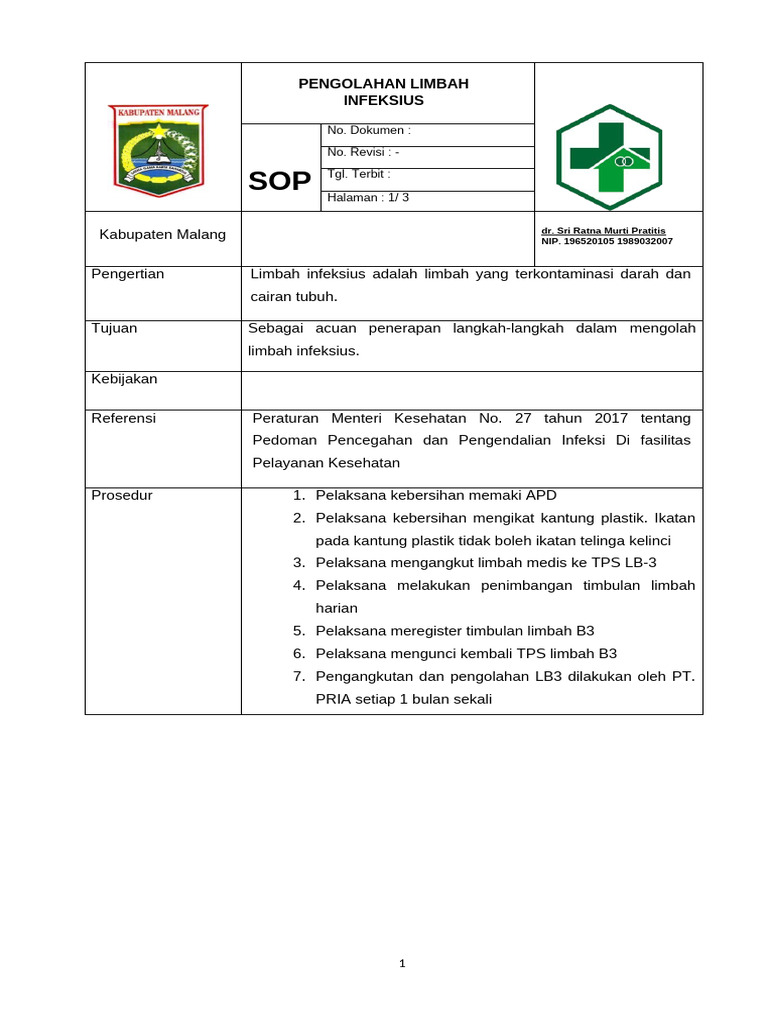 Sop Pengolahan Limbah Infeksius Lab | PDF