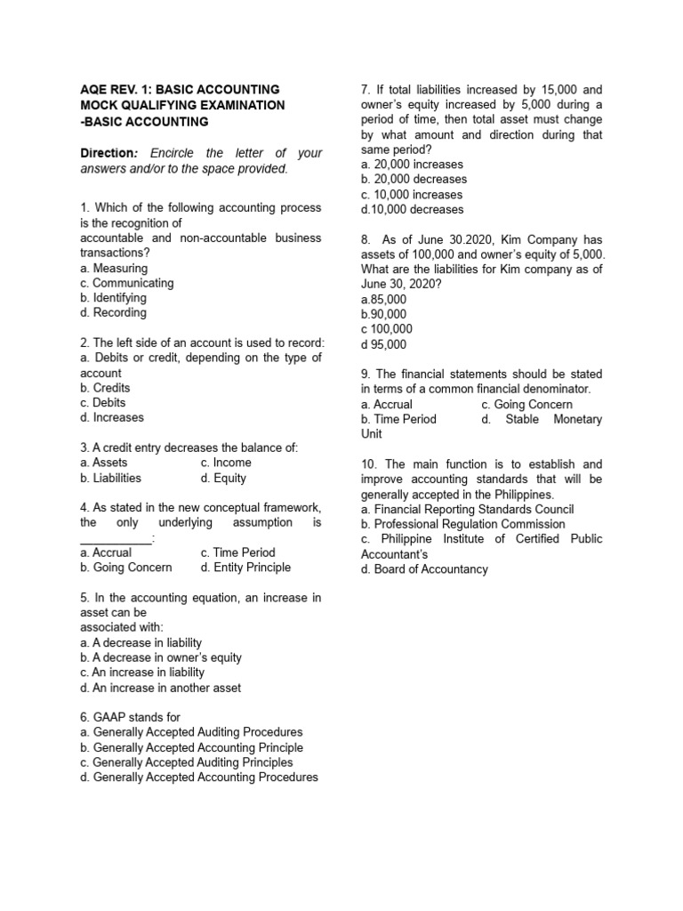 Basic Accounting Quiz | PDF | Debits And Credits | Financial Services