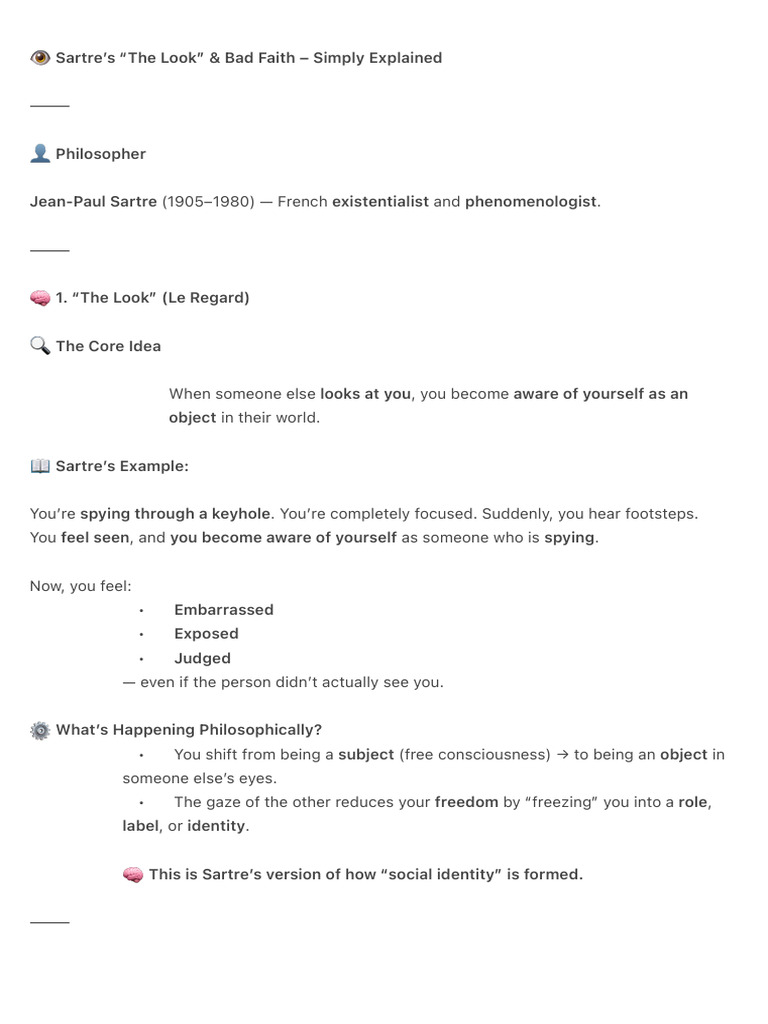 ? Sartre's "The Look" & Bad Faith - Simply Explained | PDF