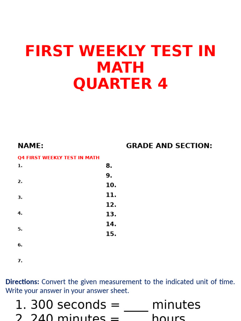 q4 Weekly Test in Math | PDF | Litre | Kilogram