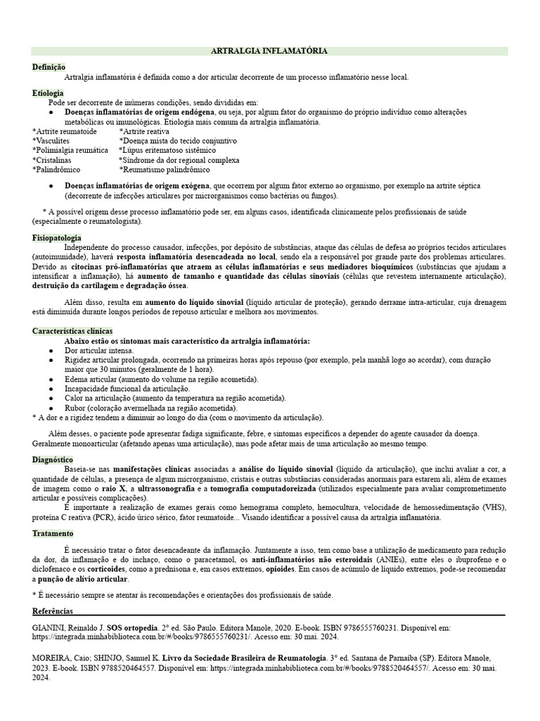 Artralgia Inflamatória: Causas e Sintomas | PDF | Artrite | Inflamação