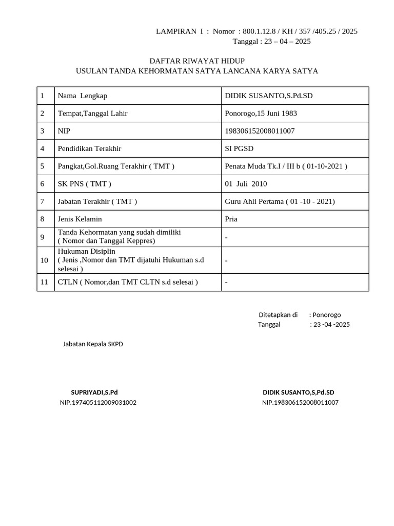 Daftar Riwayat Hidup Didik Susanto | PDF