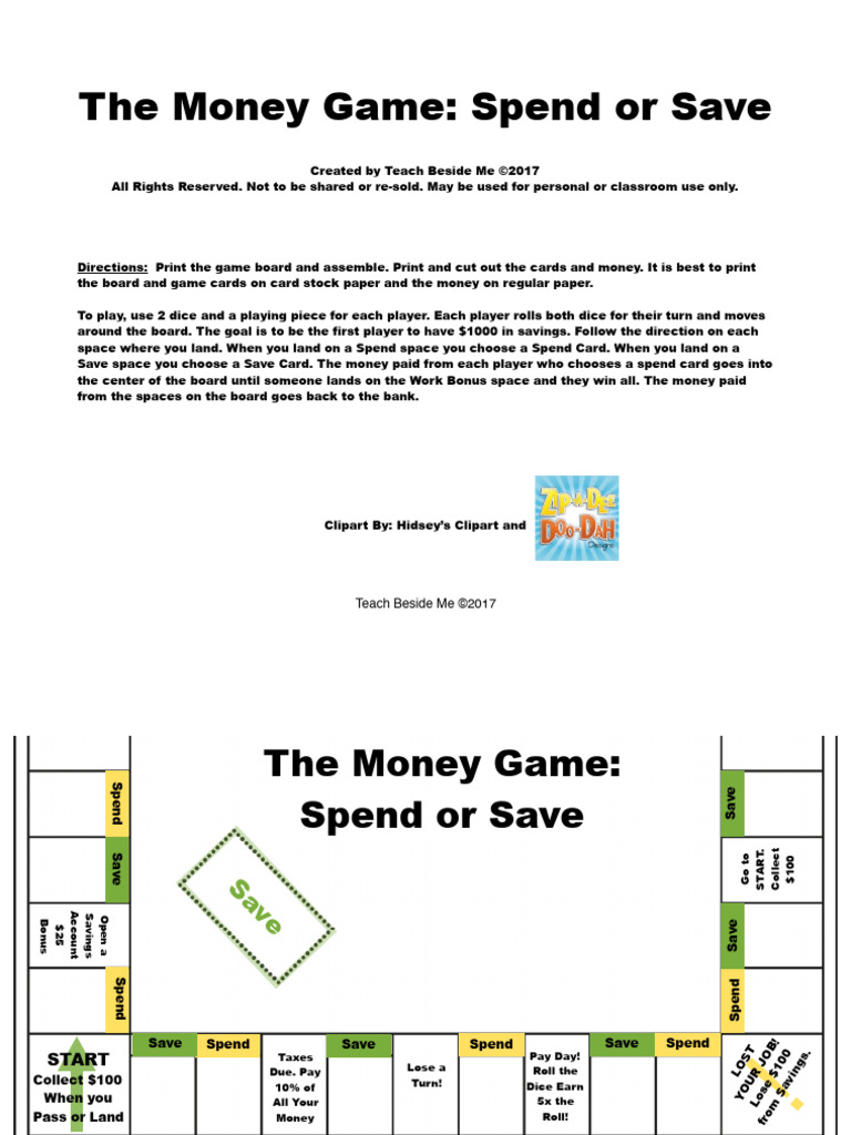 Money Game Save or Spend Teach Beside Me | PDF