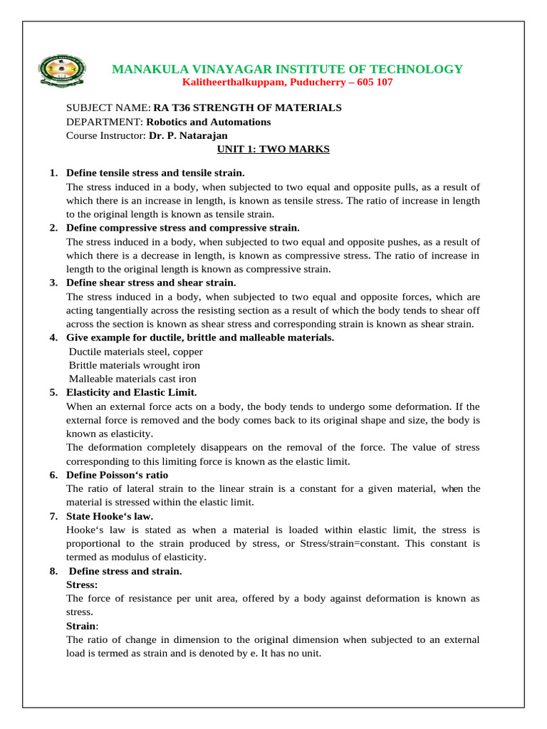 SOM Unit 1 Two Marks | PDF | Deformation (Engineering) | Young's Modulus