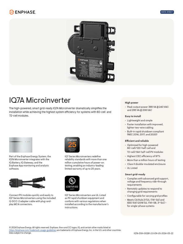 Iq 7a Microinverter Datasheet | PDF | Electric Power | Computer Engineering