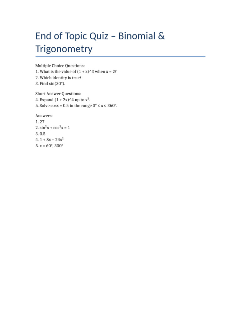 Binomial Trig Quiz | PDF