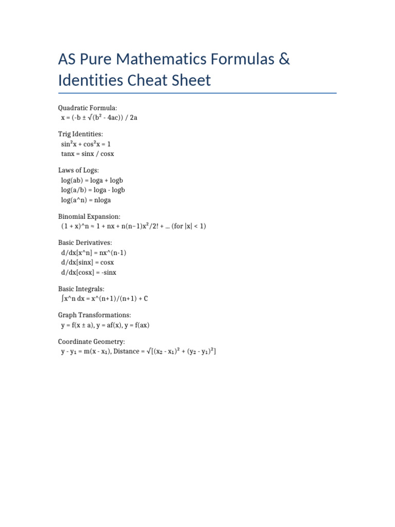 AS Pure Mathematics Cheat Sheet | PDF