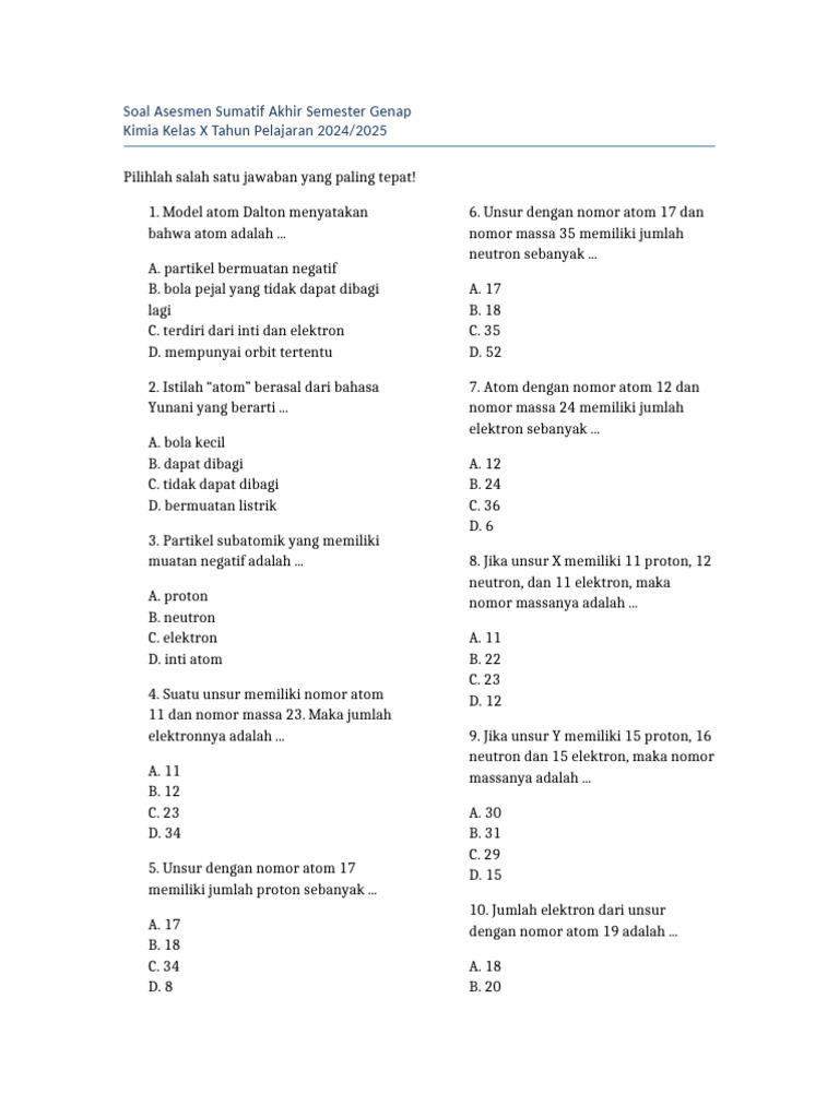 Soal Kimia X ASAS Genap Lengkap | PDF