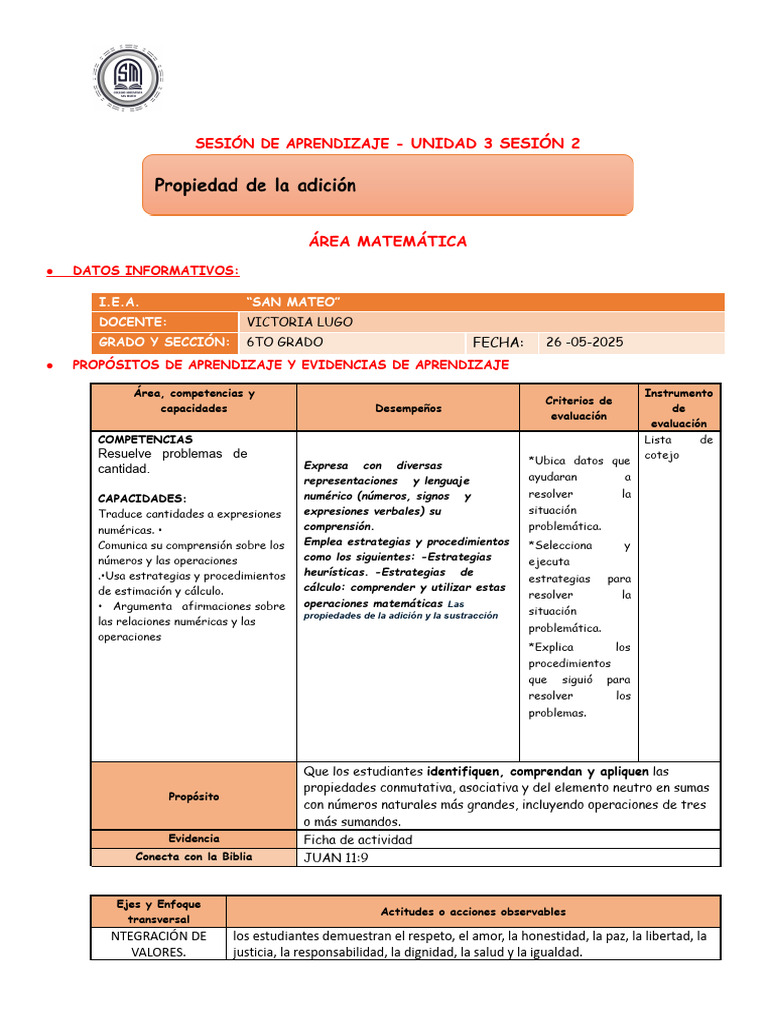 Unidad 3 Sesion 1 Matematica | PDF | Aprendizaje | Matemáticas