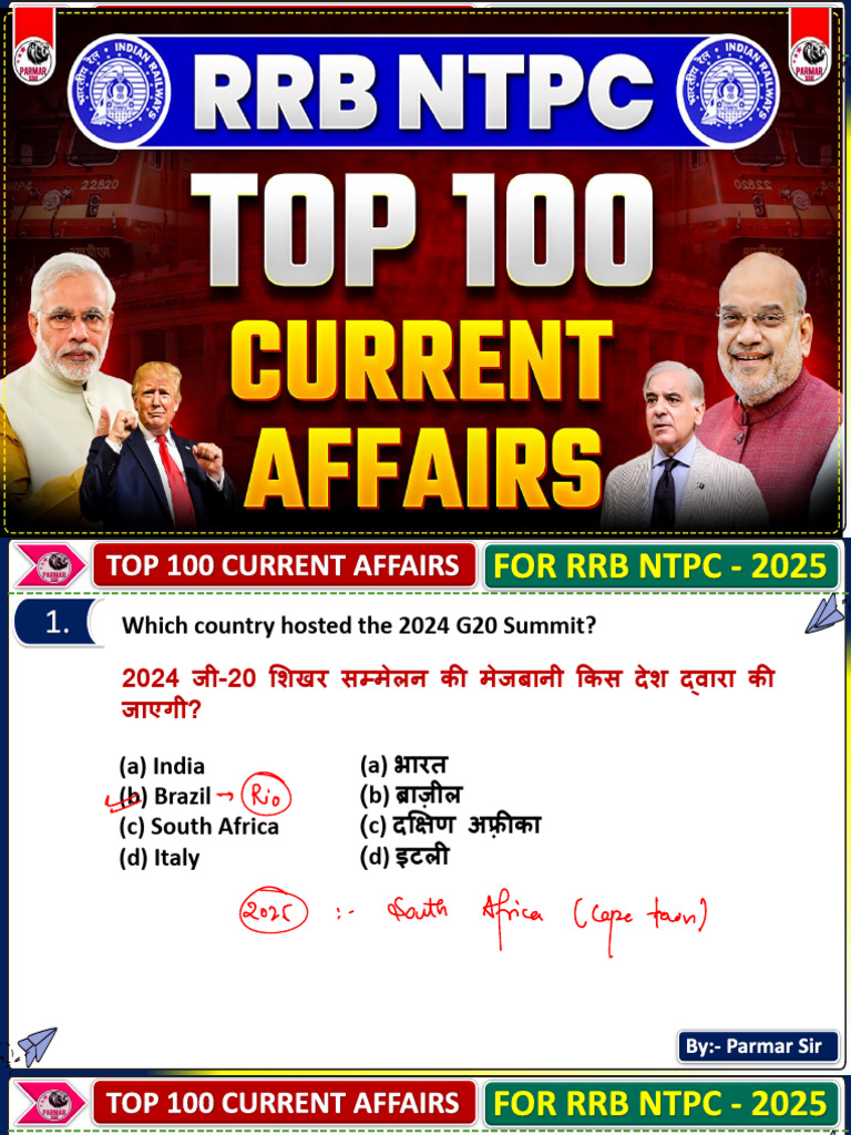 Top - 100 Current Affairs For RRB NTPC - 2025 | PDF
