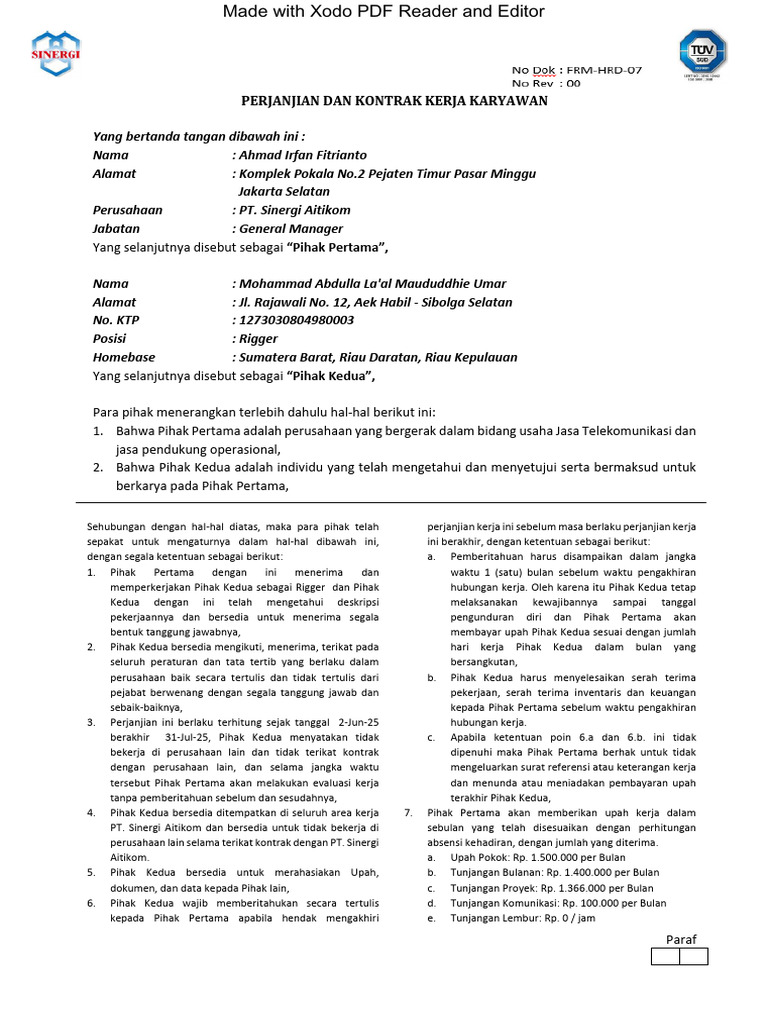 Draft Kontrak Mohammad Abdulla La'Al Maududdhie Umar Per Jun-25 - Jul-25 | PDF