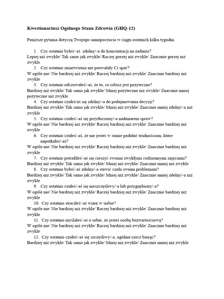 Kwestionariusz Ogólnego Stanu Zdrowia (GHQ-12) | PDF