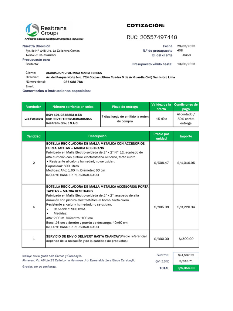 Presupuesto 458-'Asociacion Civil Mina Maria Teresa | PDF