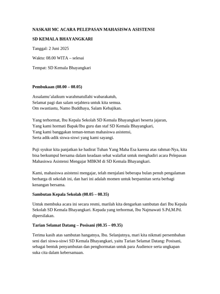 Naskah MC Pelepasan Mahasiswa Asistensi SD Kemala | PDF