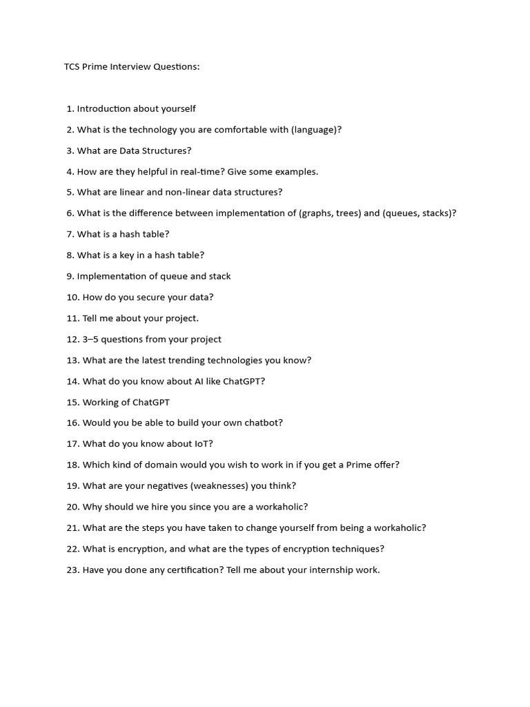 TCS Prime Interview Questions Feb 2025 @batch 2025 | PDF