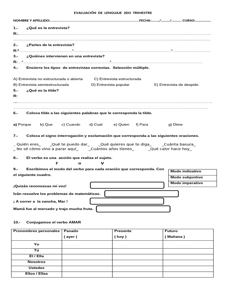 Evaluación de Lenguaje 2do Trimestre ......... 2da Parte | PDF | Verbo | Relaciones sintácticas