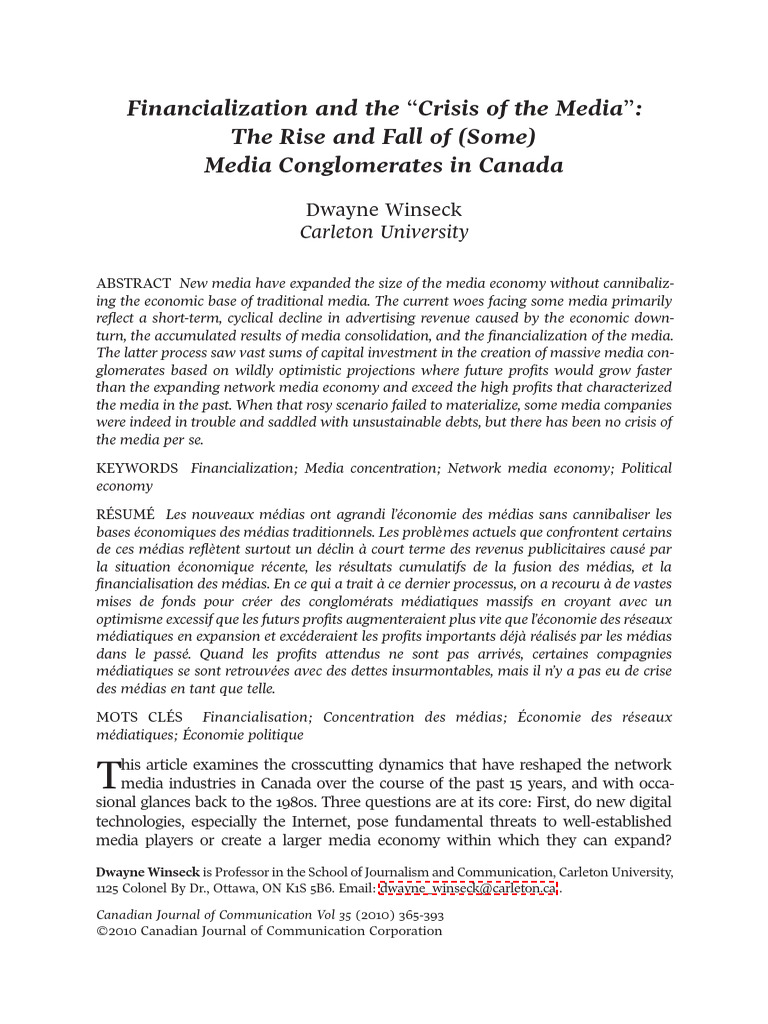Winseck 2010 Financialization and The Crisis of The Media The Rise and ...