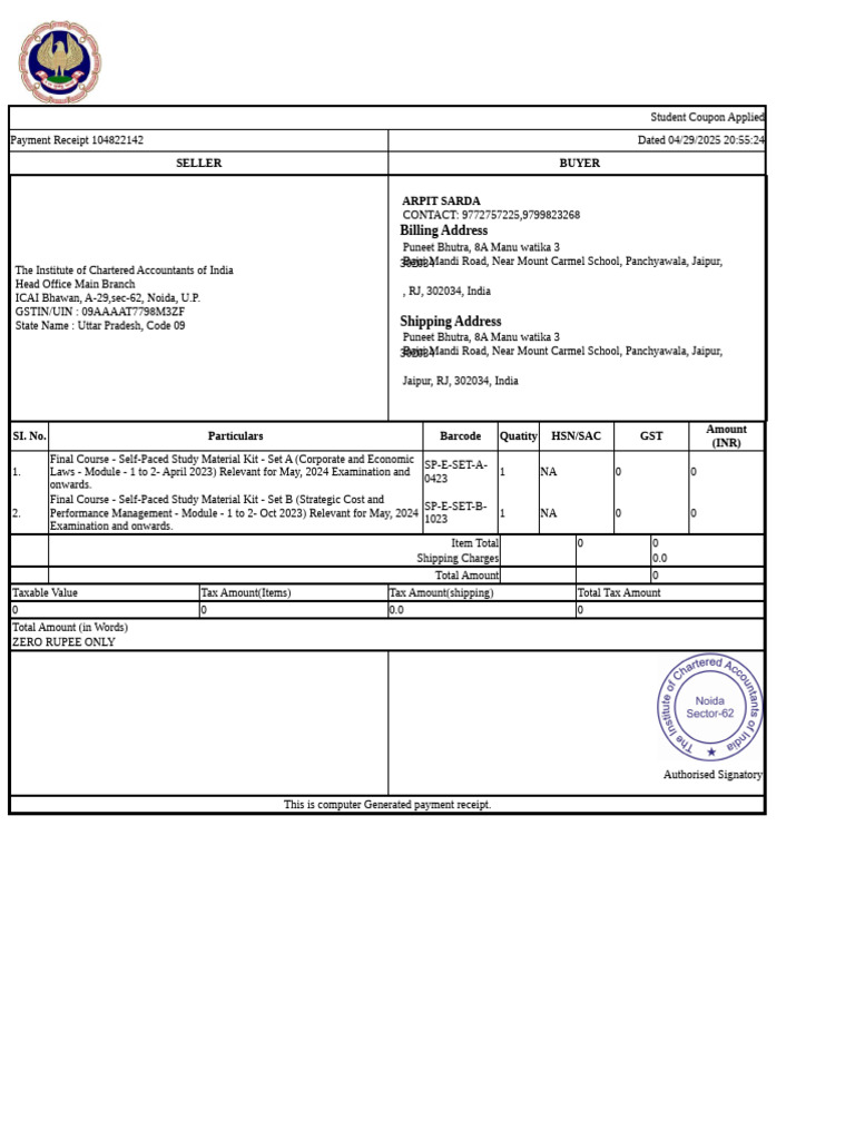 Payment Receipt for Arpit Sarda | PDF | Business | Government Finances